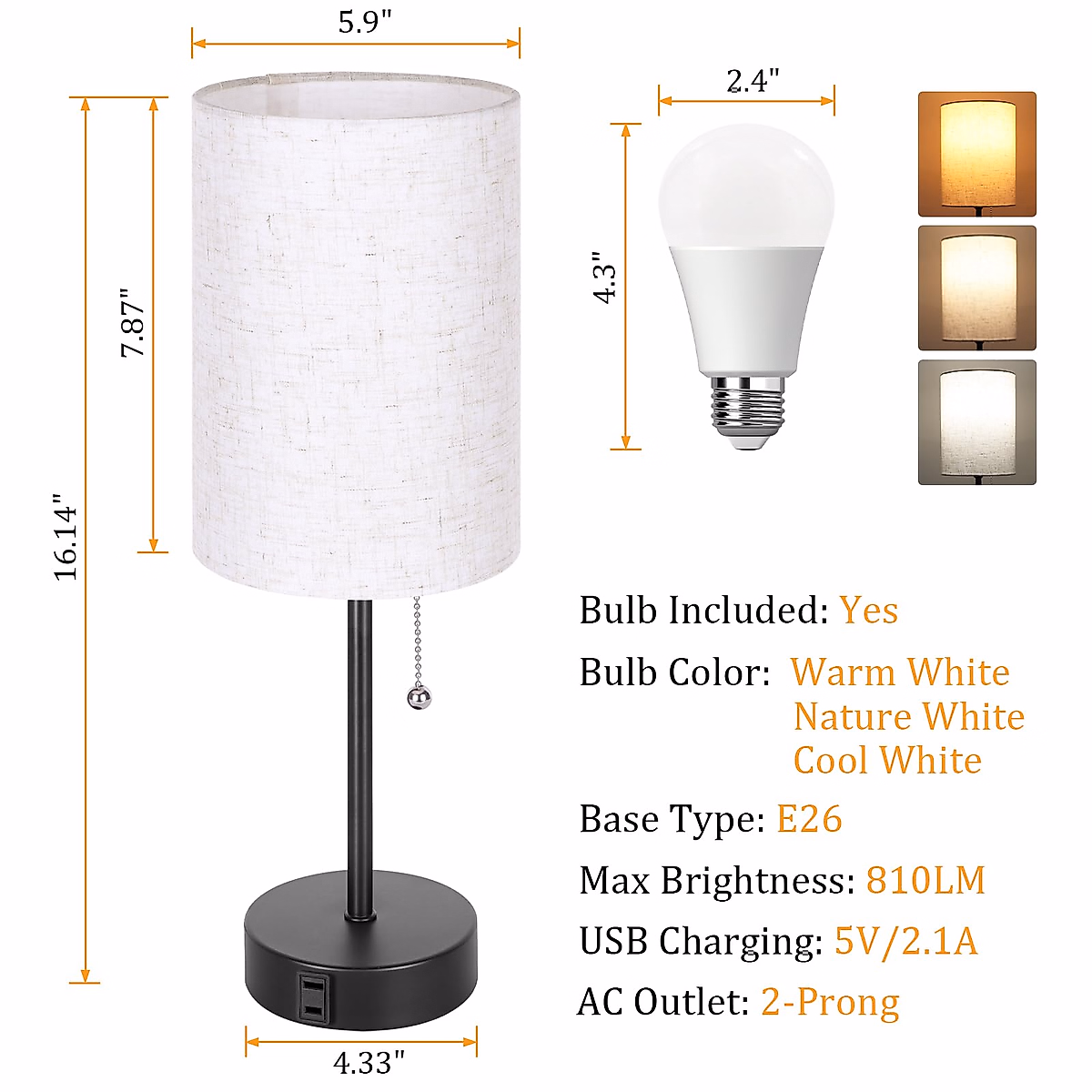Dott Arts Bedside Lamps for Bedrooms Set of 2, Table Lamps for Nightstand with 3 Color Modes 2700K-5000K, AC Outlet, Nightstand Lamp Night Lamp for Living Room/Reading Room