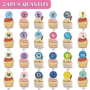 24pcs Stitch Cake Toppers Cupcake Ring Decor for Kids Cartoon Theme Birthday Party Supplies Baking Decorations Party Favors