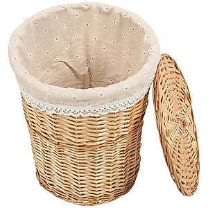 VOSAREA Wicker Laundry Hamper Handwoven Laundry Bin Basket with Lid and Liner Bedroom Waste Bin Round Laundry Room Clothes Organizer Basket Natural
