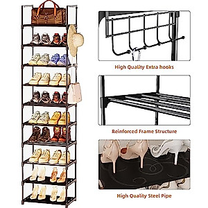 Antigo 10 Tier Tall Shoe Rack for Closet, Narrow Shoe Rack for Entryway, 20-24 Pairs Vertical Shoe Organizer Storage Space Saving,Metal Stackable Shoe Stand Shelf Shoe Tower with Hook Pp Gaskets
