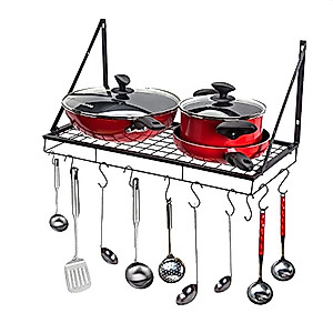 FLRH Kitchen Wall Mounted Pot Rack, 23.6 Inch Metal Kitchen Storage Shelf, 2 Tier Hanging Rails with 10 Hooks Floating Shelves (Black)