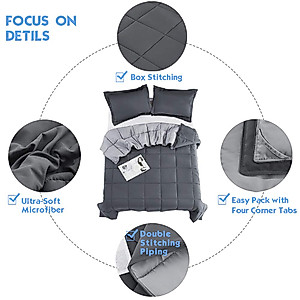 HIG 3pc Grey Queen Size Comforter Set - All Season Reversible Down Alternative Comforter with Two Shams - Quilted Duvet Insert with Corner Tabs - Box Stitched Blanket - Breathable, Soft