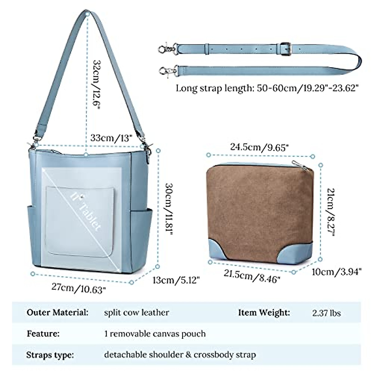 S-ZONE Genuine Leather Handbags Purses for Women with Inner Pouch Bucket Bags Crossbody Hobo Work Travel Blue