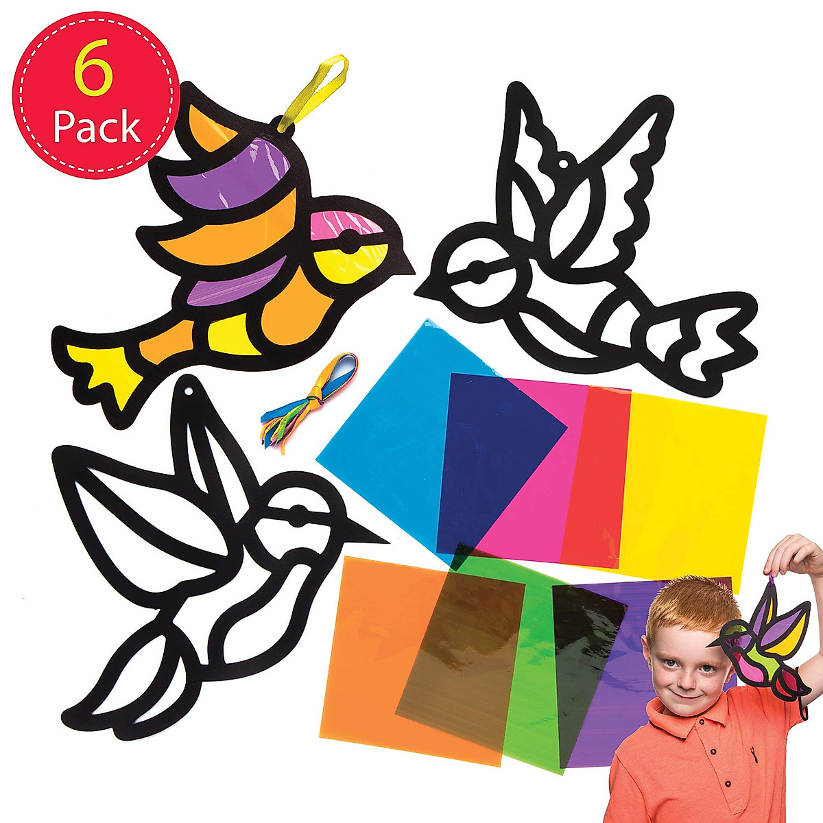 Baker Ross AW299 Bird Stained Glass Decorations - Pack of 6, Spring Themed Craft Kits for Kids to Decorate and Display