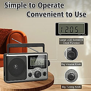 Portable AM FM Shortwave Radio,Battery Operated Radio by 4D Cell Batteries or AC Power Transistor Radio with LCD Display,Time Setting,3.5mm Earphone Jack,Big Speaker,High/Low Tone for Home,Gift