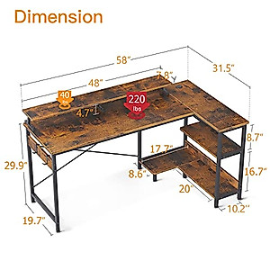 ODK Small L Shaped Desk, 58 inch Corner Desk with Reversible Storage Shelves, Computer Desk with Monitor Shelf and PC Stand for Home Office, Gaming Desk with Headphone Hooks, Rustic Brown