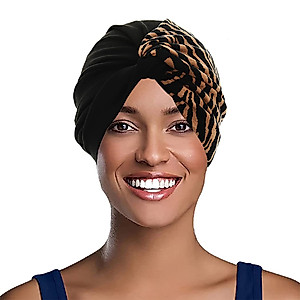 Urieo 2 pieces Leopard Print Headwrap African Knot Head Wrap Pre-tied Turban Bonnet for Women Black