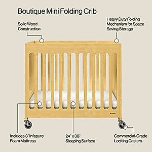 Foundations Boutique Compact Folding Crib, Modern, Contemporary, Mini Crib for Guest Rooms, Vacation Homes, and Small Nurseries, Available in 5 Finishes, Mattress Included (Natural)