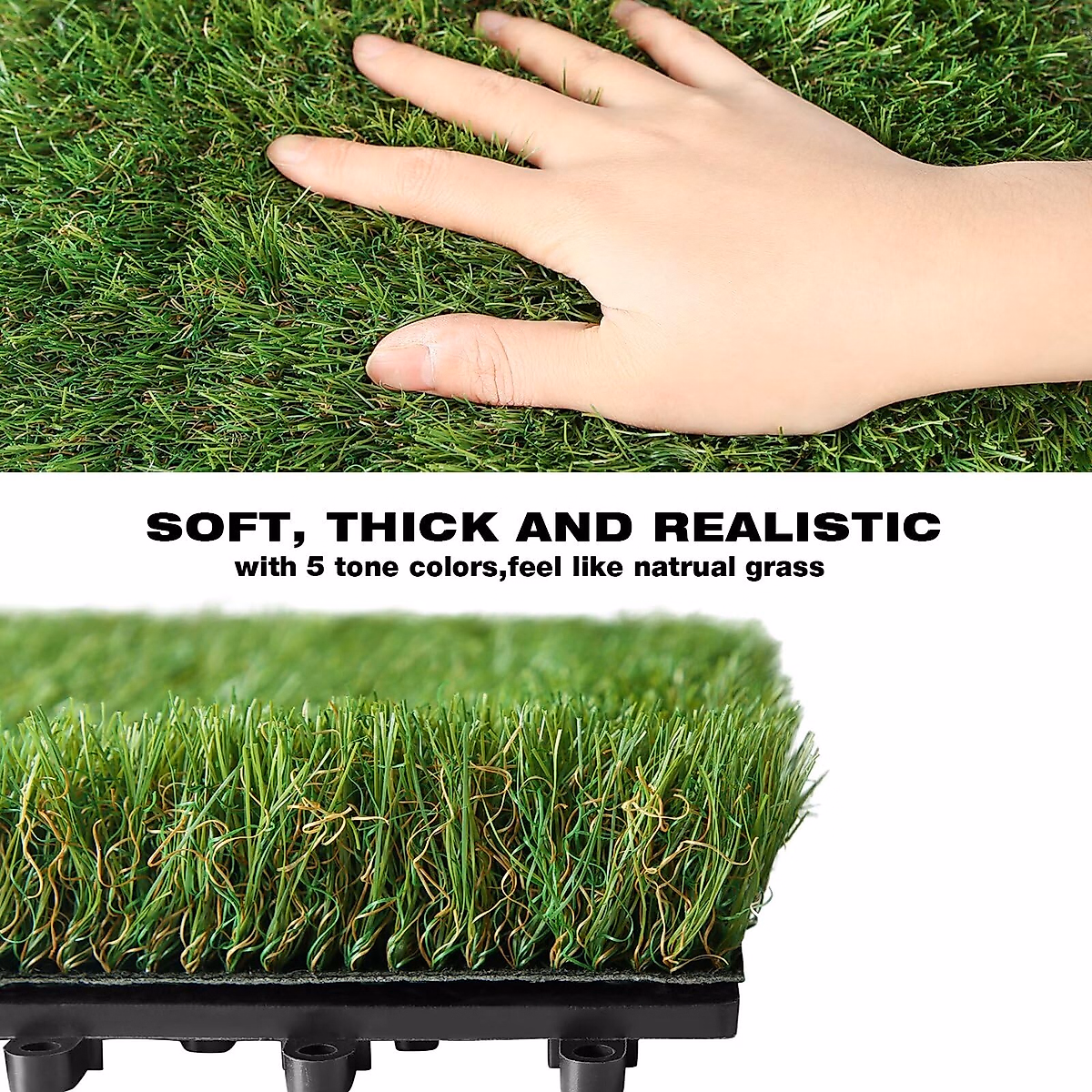 XLX TURF Artificial Grass Turf Tiles Interlocking Set 6 Pieces, Square Fake Grass Tiles Self-draining for Pet Indoor/Outdoor Flooring Decor, 12"x12", 8 Buckle Systerm