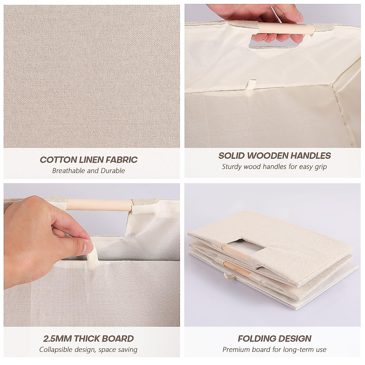 ANMINY 2PCS Storage Baskets for Organizing Collapsible Fabric Storage Bins Boxes with Wood Handles Closet Shelves Cube Organizer Bins Clothes Laundry Storage Container - Large, Beige