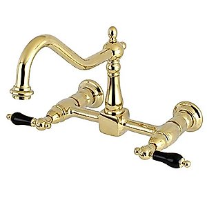Kingston Brass KS1242PKL Duchess Two-Handle Wall Mount Bridge Kitchen Faucet, 9-7/16" In Spout Reach, Polished Brass