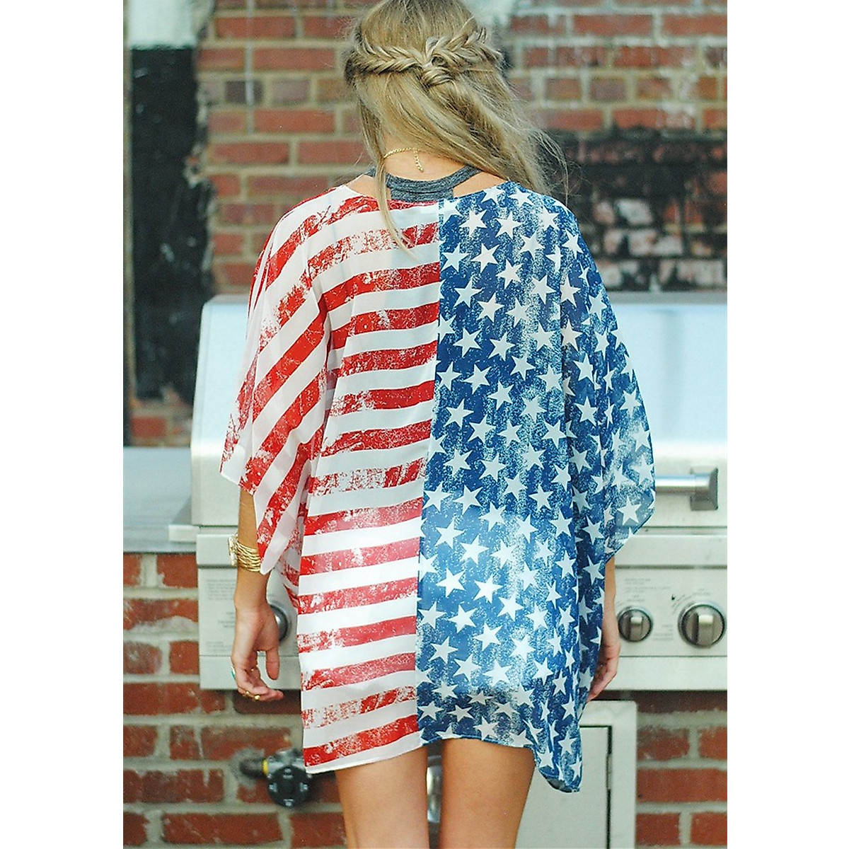 DDSOL Women's American Flag Kimono Cover up Beachwear Cardigan Loose Tops Shirt Blouse(Red One Size)