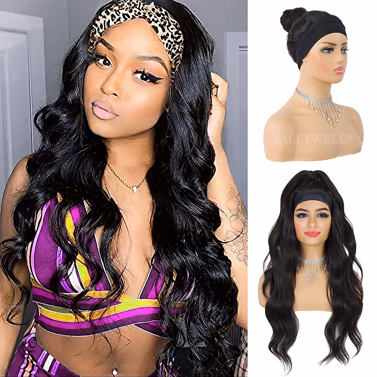 SALLYWELL Long Wavy Headband Wig for Black Women Synthetic Headband Wigs 180% Density Body Wave Headband Wig Full Ends Glueless Headband Wigs Heat Resistant 24 inch