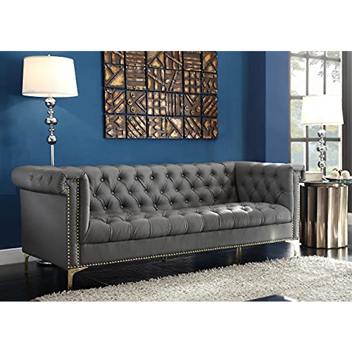 Iconic Home Winston Nail Head Tone Legs PU Leather Modern Contemporary Button Tufted with Gold Nailhead Trim Goldtone Metal Y-Shaped Feet Sofa, Grey