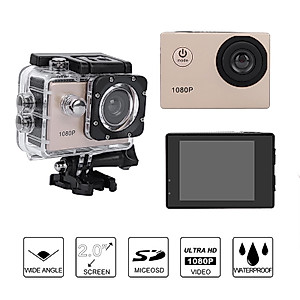Bindpo Action Camera, 1080P 30fps 12MP 30M Sports Camera 2 Inch with Accessories for Vlogging, Diving, Skiing(Gold)