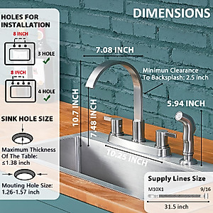 Kitchen Faucet with Sprayer, Brushed Nickel Stainless Steel Kitchen Sink Faucet with Side Sprayer, 3 Hole or 4 Hole Faucet for Kitchen RV Laundry Utility Sink