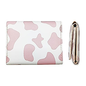 MOZXIRZ Women Girls Wallet Cute Cow Print Tri-Fold Wallet PU Leather Purse Slim Small Short Wallet Cartoon Trifold Cash Card Holder Bag (Pink Cow)