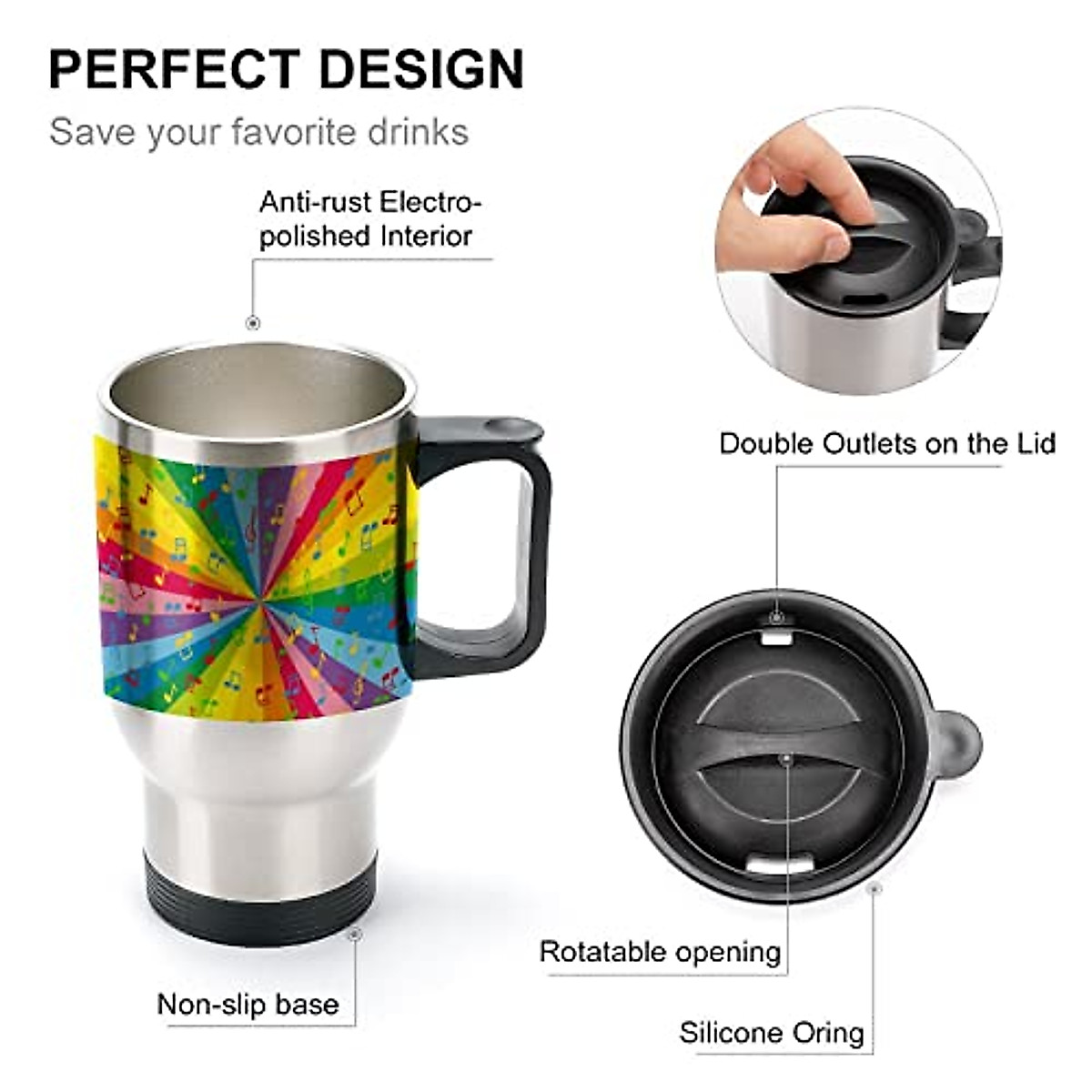 Music Notes with Colorful 14 Oz Coffee Tumbler with Handle Insulated Stainless Steel Car Mug Travel Cup Silver-Style