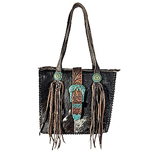 Urbalabs Western Cowhair Concealed Carry Shoulder Bag Buckle Fringe Purse Genuine Leather Handmade Stitched Handbag (Dark Brown)