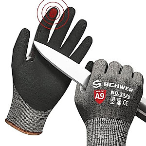 Schwer Highest Level Cut Resistant Work Gloves for Extreme Protection, ANSI A9 Working Gloves with Sandy Nitrile Coated, Touch-screen Compatible, Durable, Machine Washable, Black 1 Pair（L）