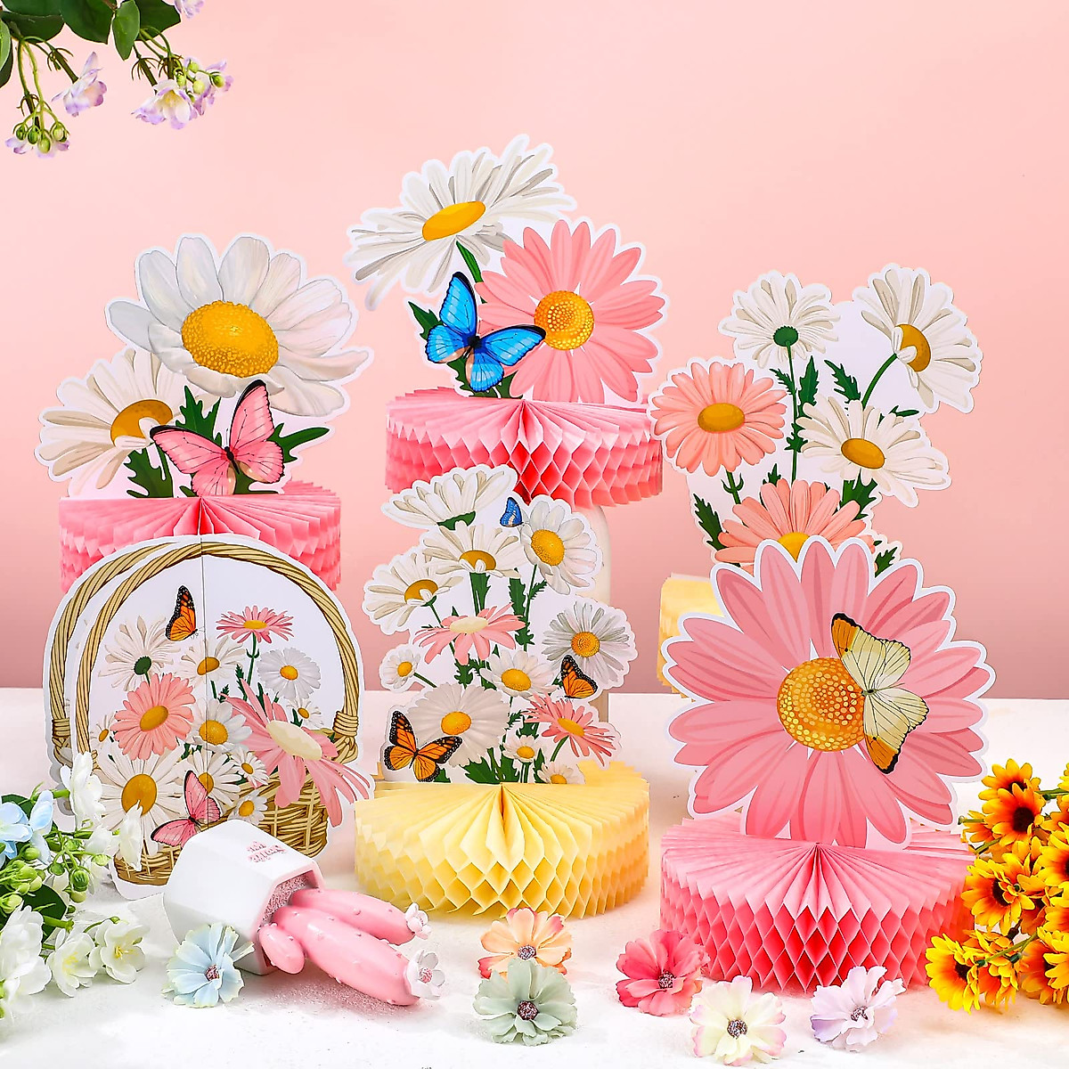 Hotop 9 Pcs Daisy Flower Birthday Party Decorations Daisy Butterfly Honeycomb Centerpieces 3D Daisy Centerpieces for Tables Pink Daisy Table Toppers Boho Groovy Party Decorations Girl Baby Shower