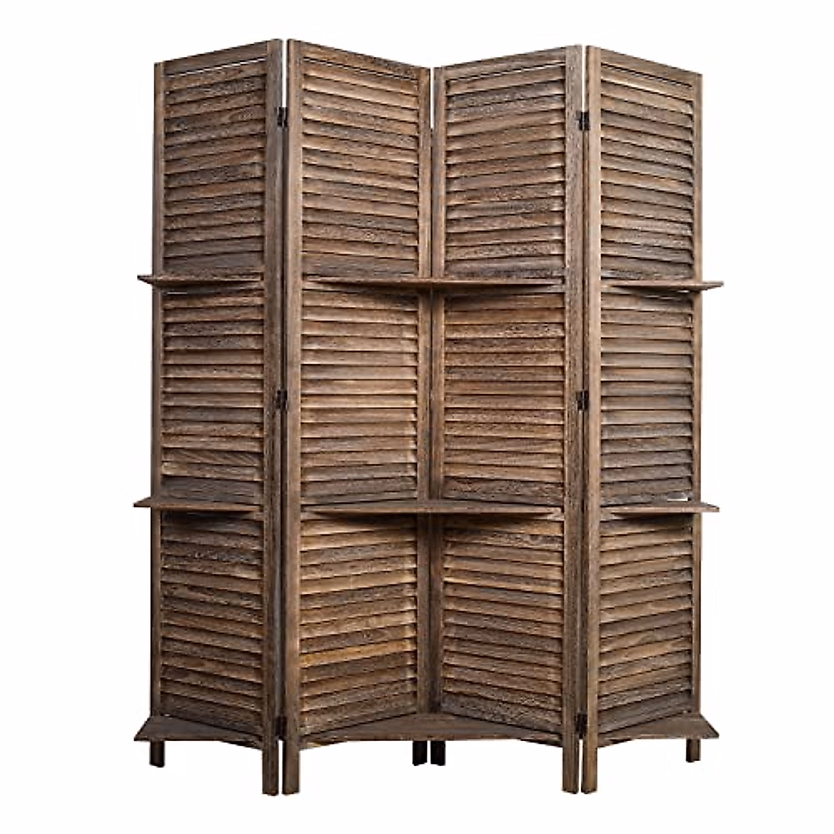 Proman Products Rancho Shelf 4 Panel Room Divider FS17191, Folding Screen, Privacy Screen, Room Partition, Paulownia Wood, (Max Extend with Shelves) 47" W x 11" D x 67" H, Rustic Brown