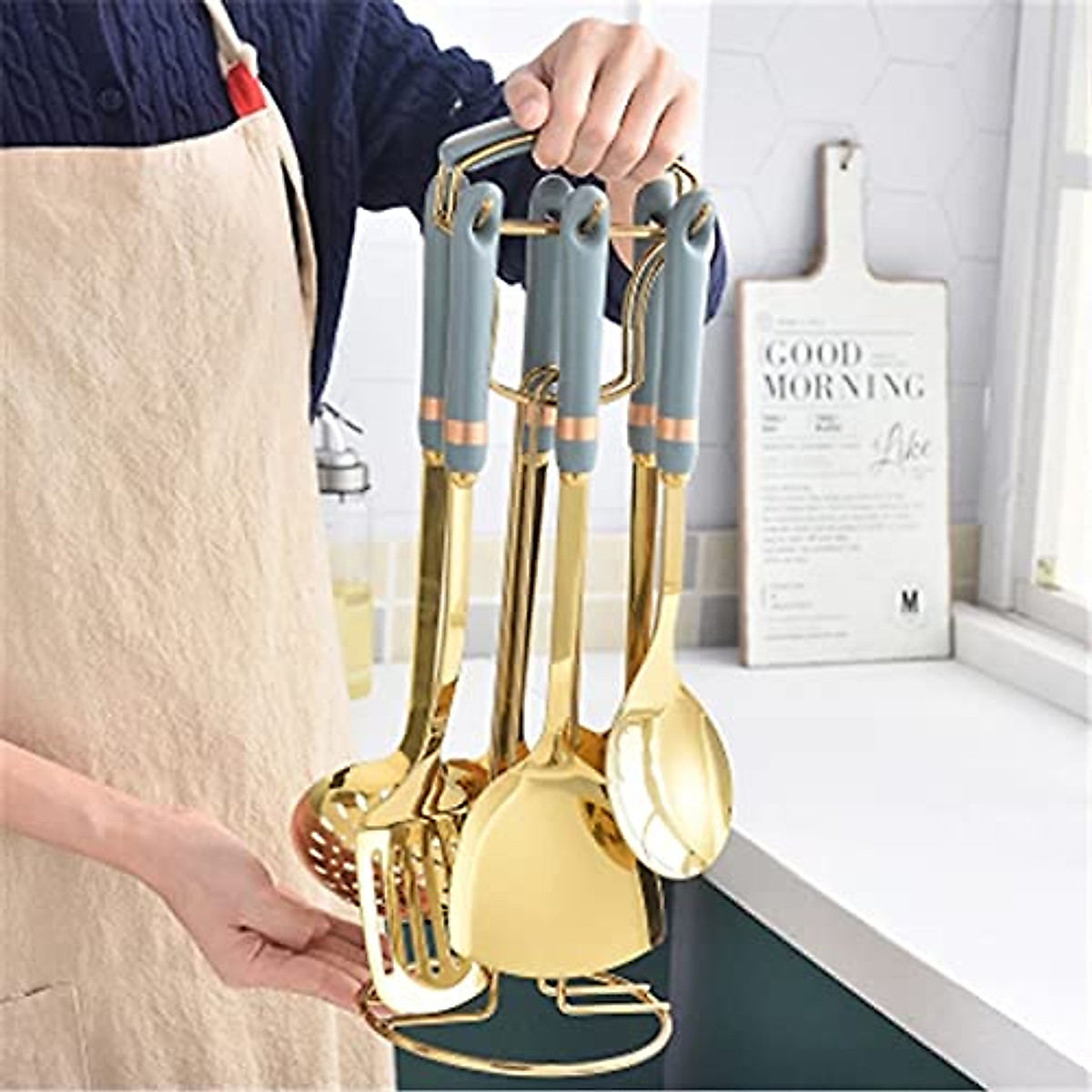WUDILU Nordic style Stainless Steel Cookware Kitchenware Sets kitchen Tools Ceramic Handle Hook Up Storage Metal Shovel Spoon (Color : 01)
