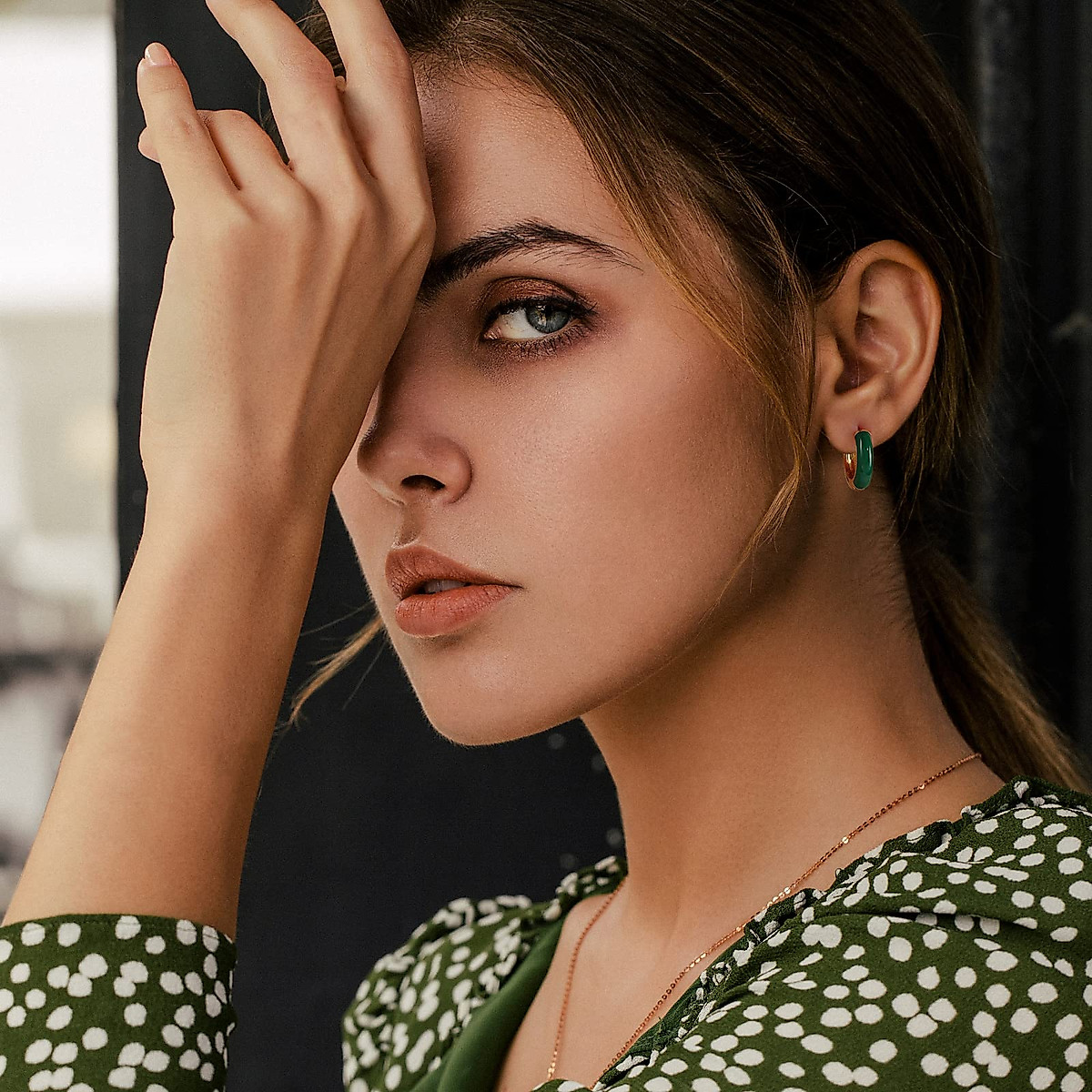 Lourny Small Hoop Earrings for Women, 18K Gold Plated Hypoallergenic Cute Enamel Huggie Earring Gifts for Women (Dark Green)