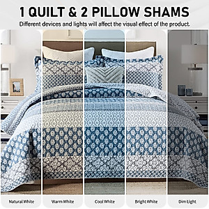 PERHOM Blue Quilt Queen Size - Queen Quilt Set, 100% Long-Staple Cotton Floral Quilt Bedding Set Bedspreads, Patchwork Reversible Lightweight Comforter Bed Spread for All Season, Blue/Gray, 3 Pieces