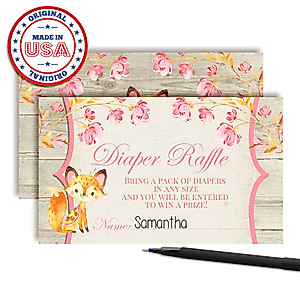 Amanda Creation Watercolor Floral Woodland Fox-Themed Diaper Raffle Tickets for Girl Baby Showers, 20 2" X 3” Double Sided Inserts, Bring a Pack of Diapers to Win Favors & Prizes!