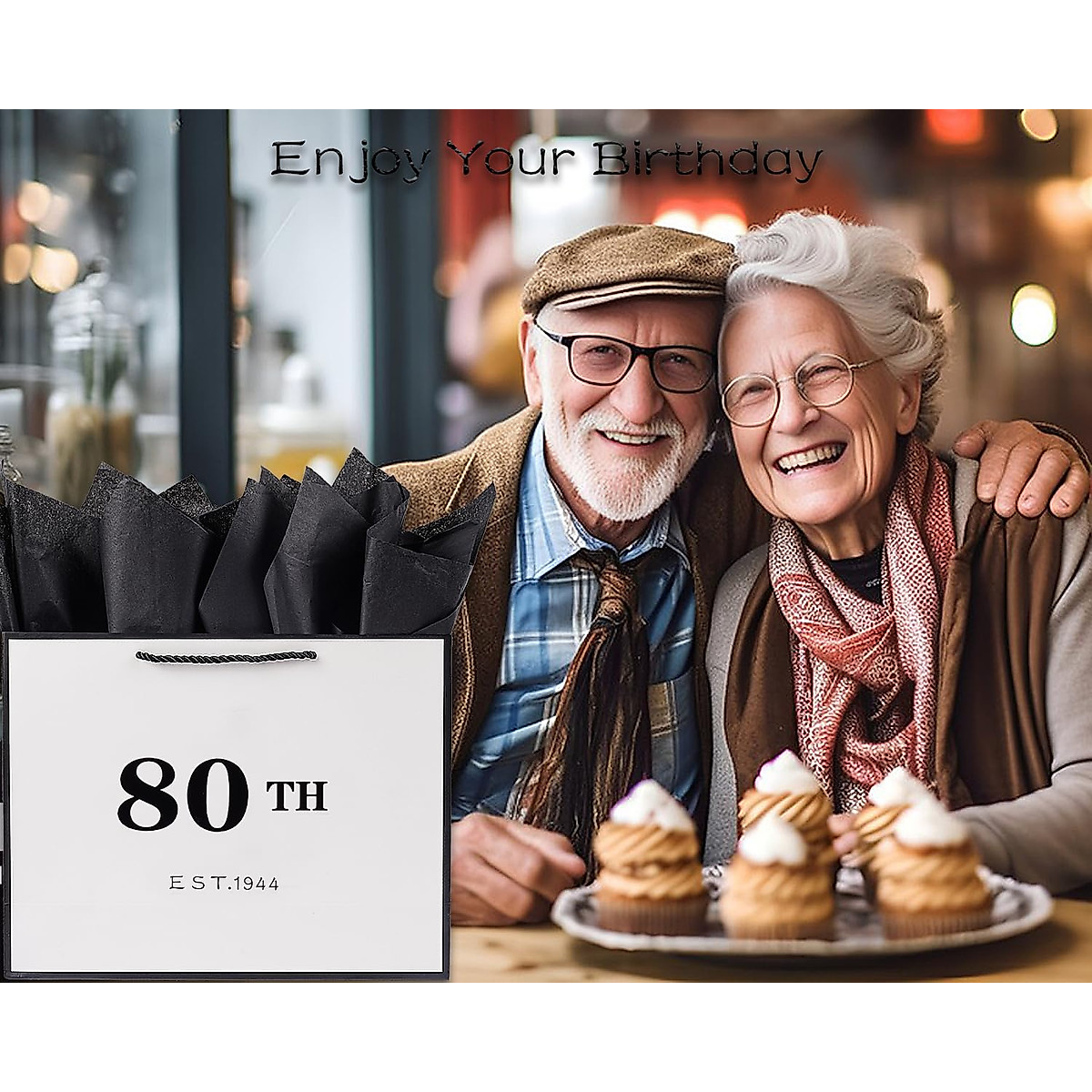 Jaywayang 80th Birthday White and Black Large Gift Bag with Card and Tissue Paper, Metallic Printing Keepsake Gift Vintage Bag for Men Women, 1944 Grandparents 80 Year Old Party Paper Bag for Gifts