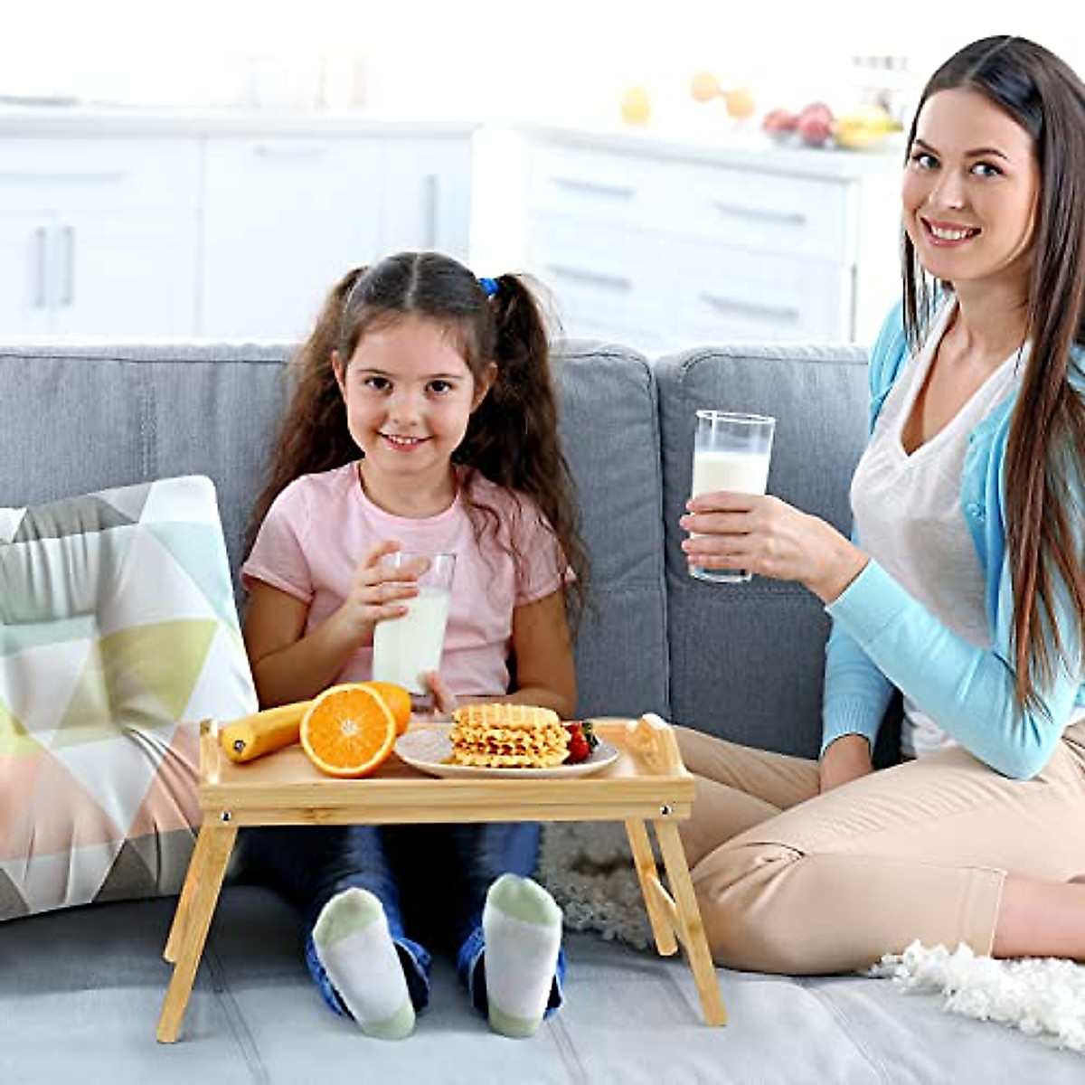 Bed Breakfast Tray Table Serving Lap Food TV Dinner for Eating with Folding Legs & Handles Bamboo