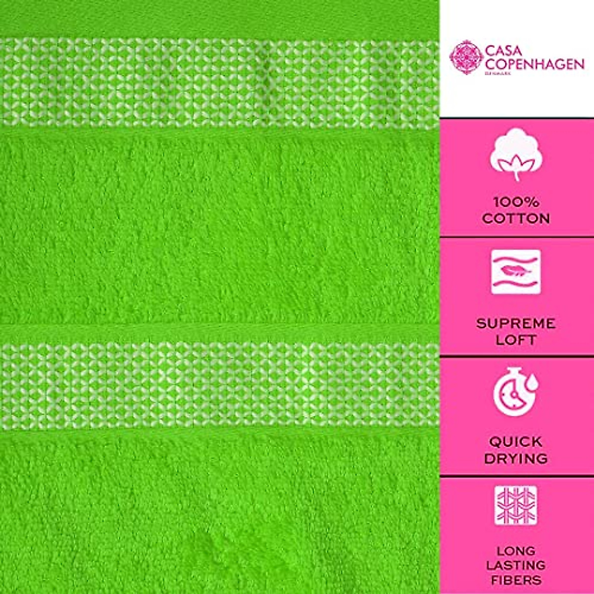 CASA COPENHAGEN Solitaire Towel Designed in Denmark 600 GSM 2 Bath Towels 2 Hand Towels 2 Washcloths, Super Soft Egyptian Cotton 6 Pices Towels Set for Bathroom, Kitchen & Shower - Lime Green