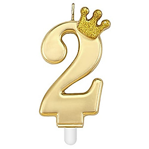3.9inch Birthday Number Candle, Large 3D Number Birthday Candles for Cake with Glitter Crown Decor Cake Topper Candle for Wedding Ceremony Anniversary Festival Party (Gold, 2)