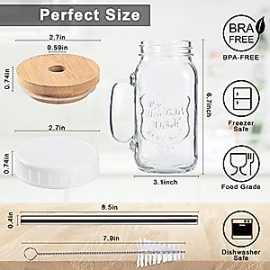 Mason Jar 24OZ Mason Jar with Lid and Straw Regular Mason Jar Lids Set Of 4 Mason Jar Cups with Handles Reusable Boba Cups Travel Bottle for Iced Coffee Large Pearl Juice Cocktail Smoothie (4, 24OZ)
