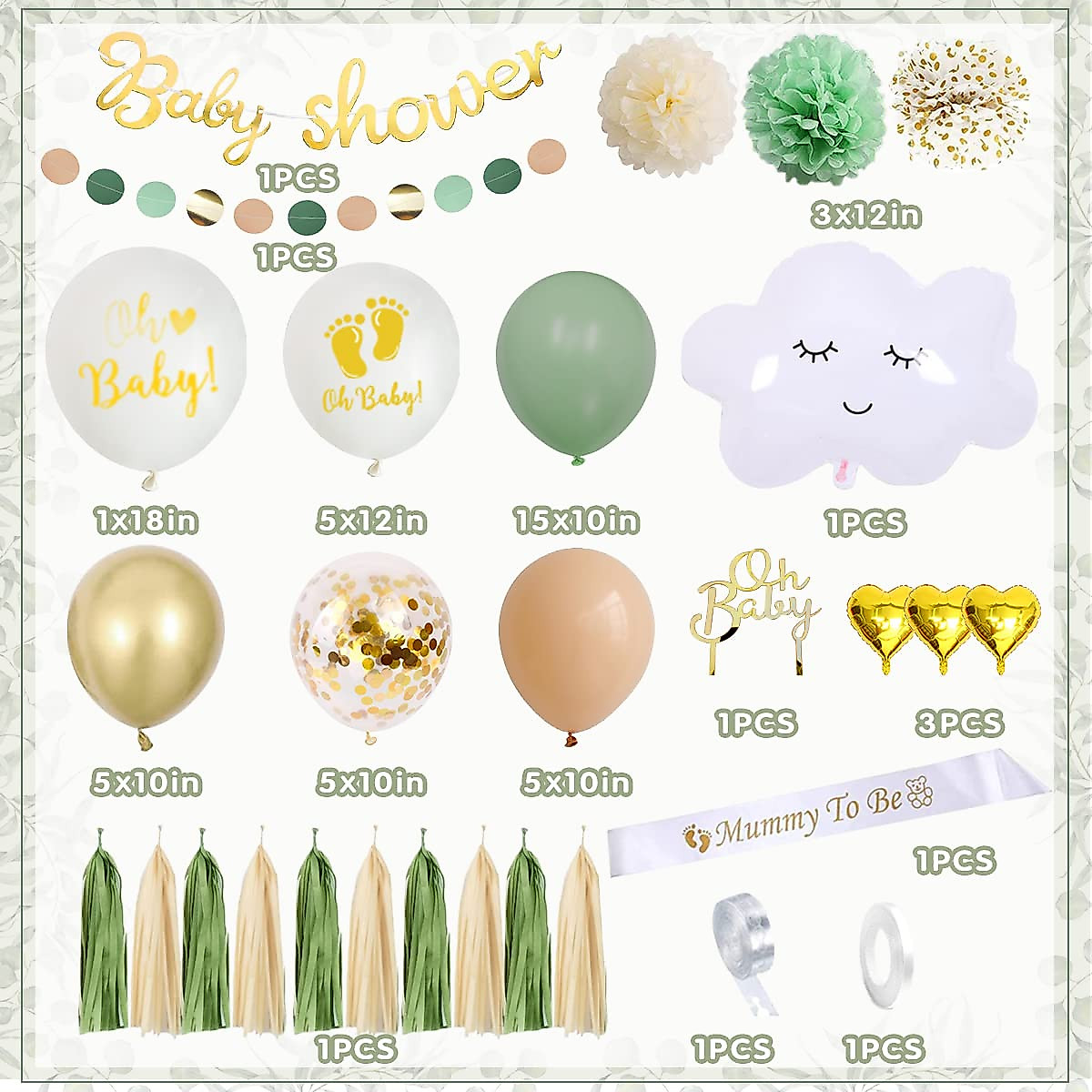 Sage Green Baby Shower Decorations, Baby Shower Decorations for Boy Girl, Sage Green Gold Balloons Garland Kit with Safari Baby Shower Decorations Olive Neutral Jungle Gender Reveal Party