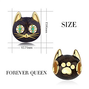 FOREVER QUEEN Black Cat Charm in 925 Sterling Silver with Black Enamel& 5A Zircon for Bracelet Necklace, Animal Head Bead Charm- Your Lucky Cat Women Men Boys Gifts