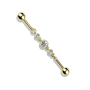 Pierced Owl 14GA Triple CZ Rounds on a Chain 316L Surgical Stainless Steel Industrial Barbell for Cartilage (Gold tone/Clear)