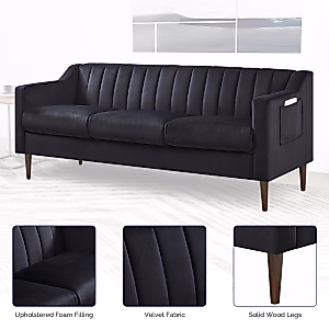 IULULU Velvet Sofa, 77 Inch 3-Seater Mid Century Modern Accent Couch, Upholstered Futon with Side Pocket, Wood Legs, Black
