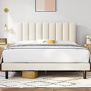 Molblly Full Size Bed Frame Velvet Upholstered Platform with Headboard and Strong Wooden Slats,Mattress Foundation,Non-Slip and Noise-Free,No Box Spring Needed, Easy Assembly,Light Beige
