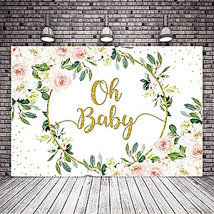 Avezano Oh Baby Shower Backdrop Pink Flower Baby Shower Gold Dots Background Girls Blush Floral Baby Shower Party Decorations Photo Shoot Props (7x5)