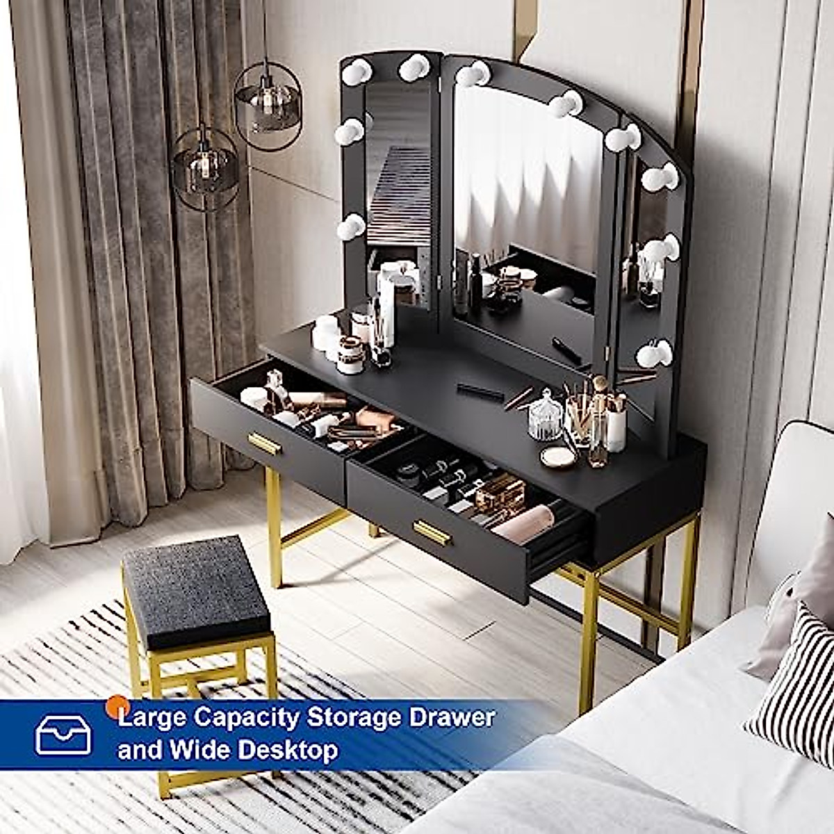 Semiocthome Black Vanity Desk with Mirror and 10 LED Lights, Makeup Vanity with 2 Drawers and Chair, Girls Vanity Set with 3pcs Mirror and Stool, Dressing Table with Gold Metal Frame for Bedroom