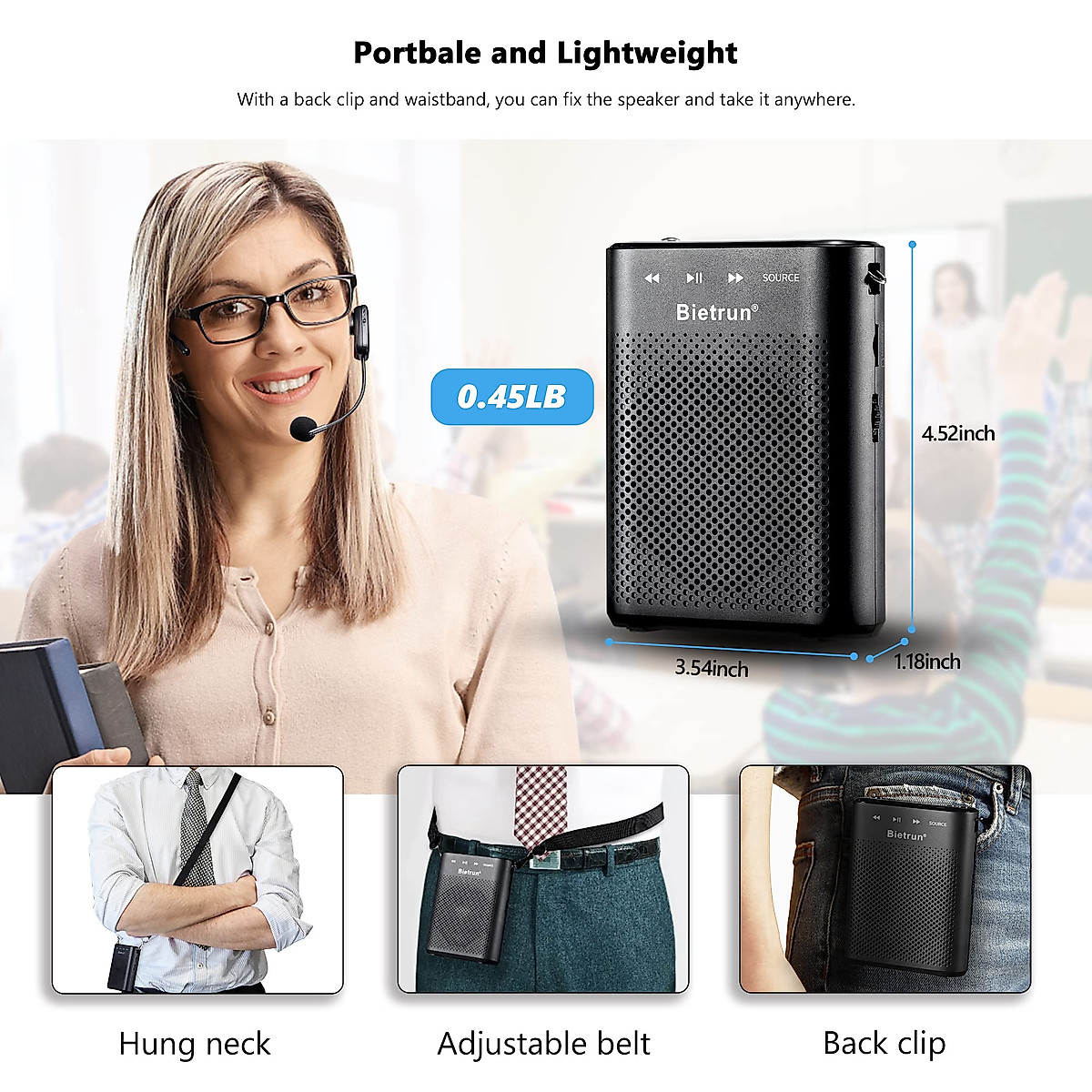 Bietrun Voice Amplifier for Teachers with Bluetooth, Portable Rechargeable Wireless Voice Amplifier with Headset Microphone Portable Megaphone Speaker for Teaching, Coach, Instructor, Tour Guide