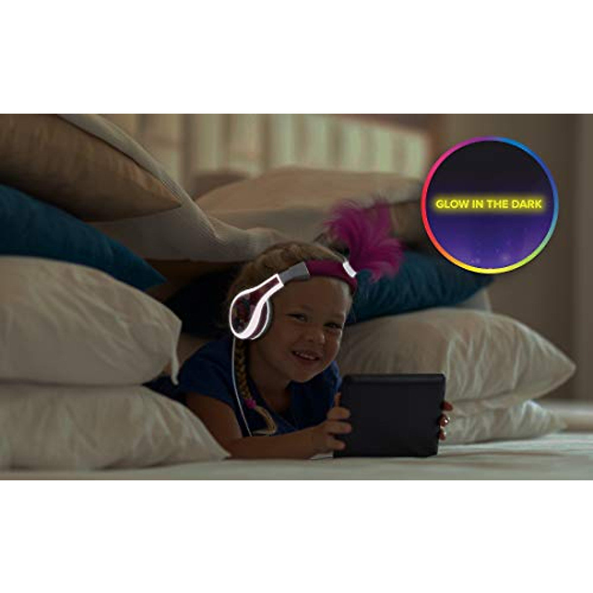 eKids Trolls World Tour Poppy Kids Headphones, Glow in The Dark, Stereo Sound, 3.5mm Jack, Wired Headphones for Kids, Tangle-Free, Volume Control, Childrens Headphones Over Ear for Travel (140)