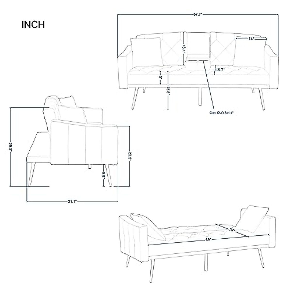 ERYE Modern Futon Sofa Loveseat Convertible Sleeper Couch Bed for Small Space Apartment Office Living Room Furniture Sets, Upholstered Love Seat Sofabed, Gray Velvet Tufted with 2 Cupholders
