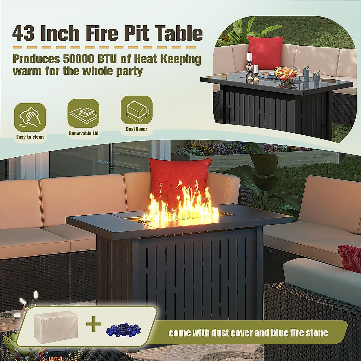 Greesum Patio Furniture 13-Pieces Outdoor PE Rattan Sectional Sofa w/43in Gas Fire Pit Table Sets 55000 BTU Add Warmth to Gatherings Parties On Deck Garden Backyard, Beige