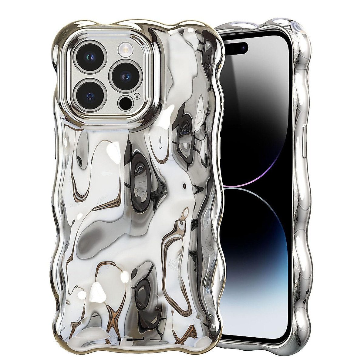 UEEBAI Ripple Case for iPhone 13 Pro Max, Cute Silver Cover Wave Shape for iPhone Case Pretty Aesthetic 3D Phone Cover, Water Ripple Shell 3D Chrome Design for Women and Girl, Silver