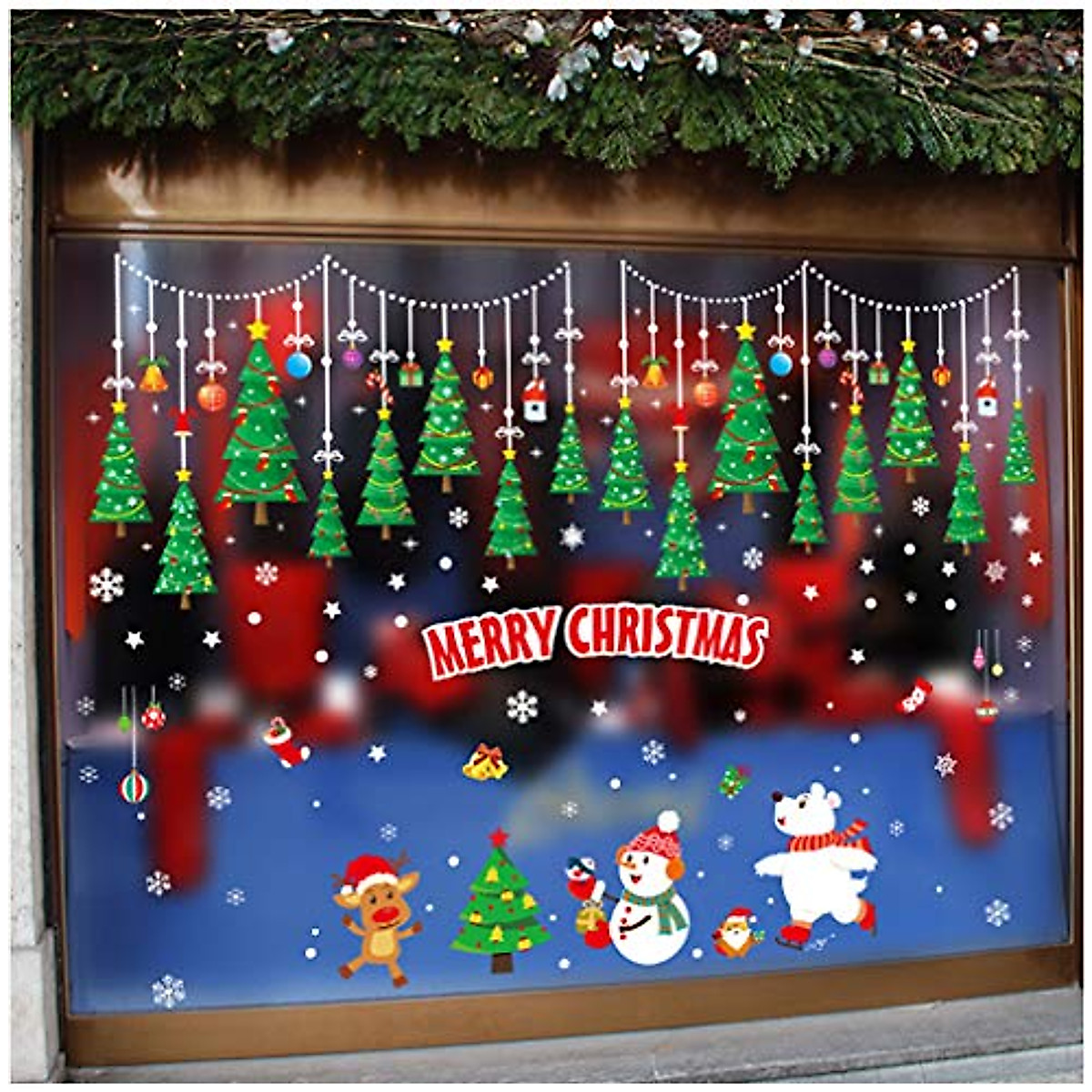 YULOONG Christmas Windows Static Stickers Colorful Clings Removable Vinyl Santa Claus Christmas Tree Snowman Snowflake Deer DIY Wall Window Door Mural Showcase Decal Sticker