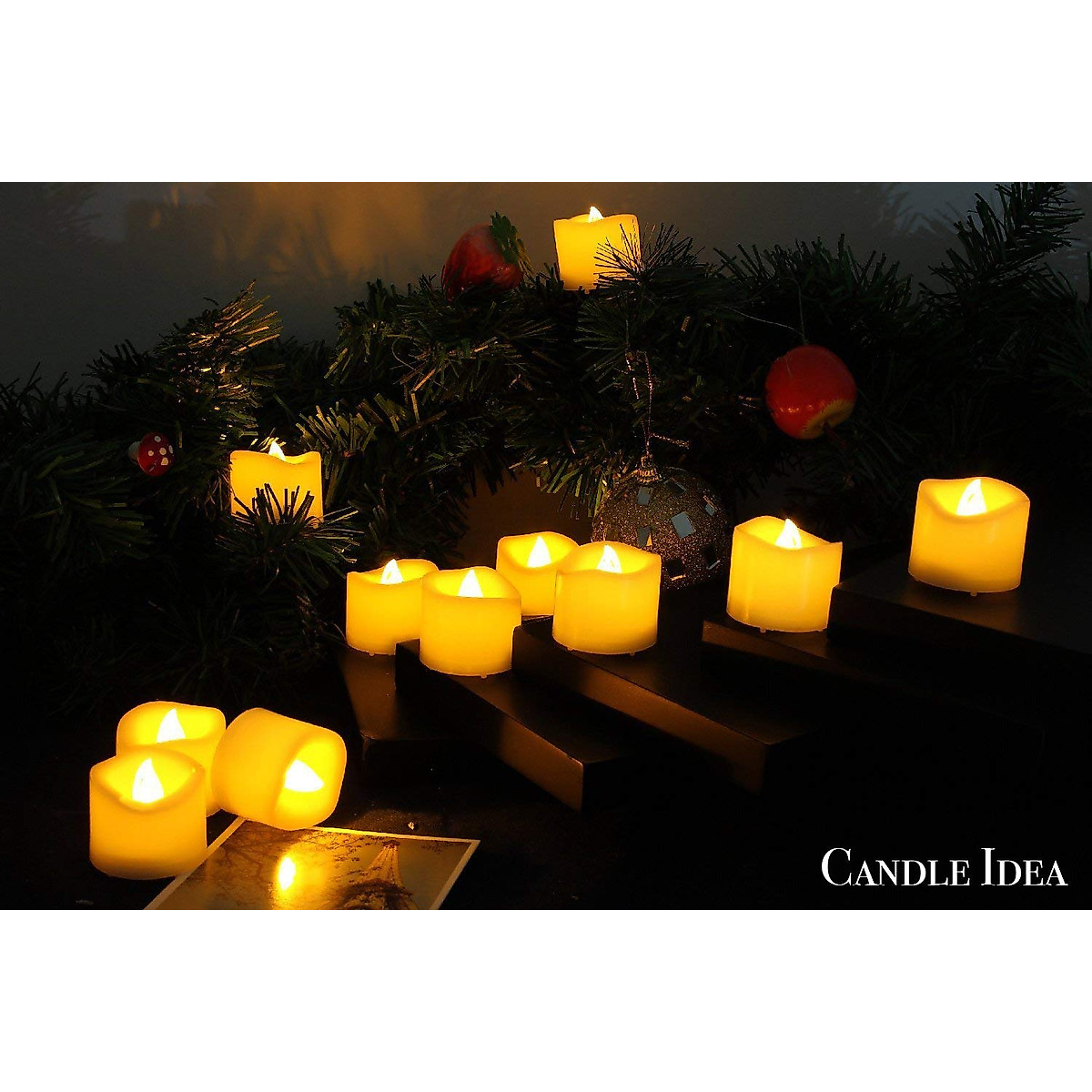 CANDLE IDEA Realistic Flame LED Tea Lights 12 Pack 1.5" x 1.5", Flameless Flickering Tea Candle Battery Operated/Electric Tealights Small LED Candles for Halloween, Christmas, Lantern Decorations