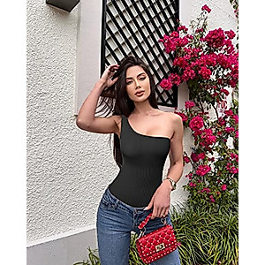 OQQ Women's 3 Piece Sexy Ribbed One Shoulder Sleeveless Exercise BodySuit, Black Coffee Tealeaf, Small